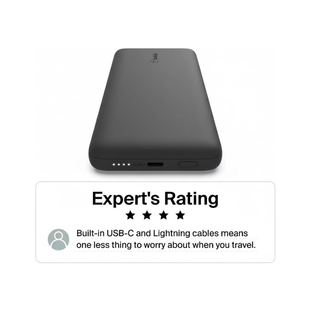 Belkin 10,000mAh Portable Charger with USB-C & Lightning Cables, 23W