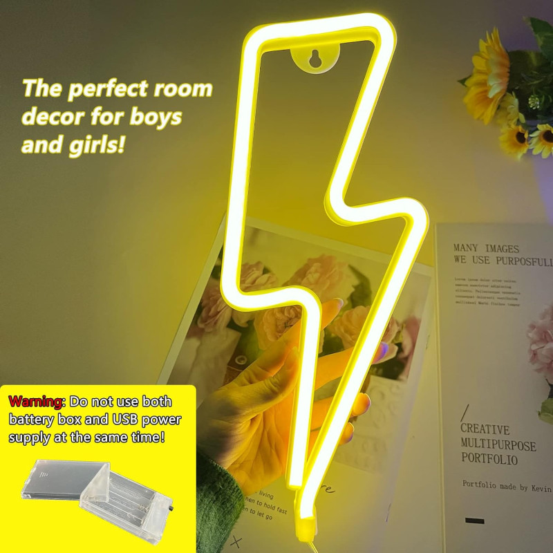 Yellow Neon Lightning Bolt Sign – LED Wall Decor for Bedroom & Party